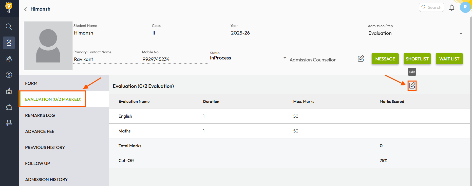 How can I enter admission evaluation marks for a student? – NextOS Help Center