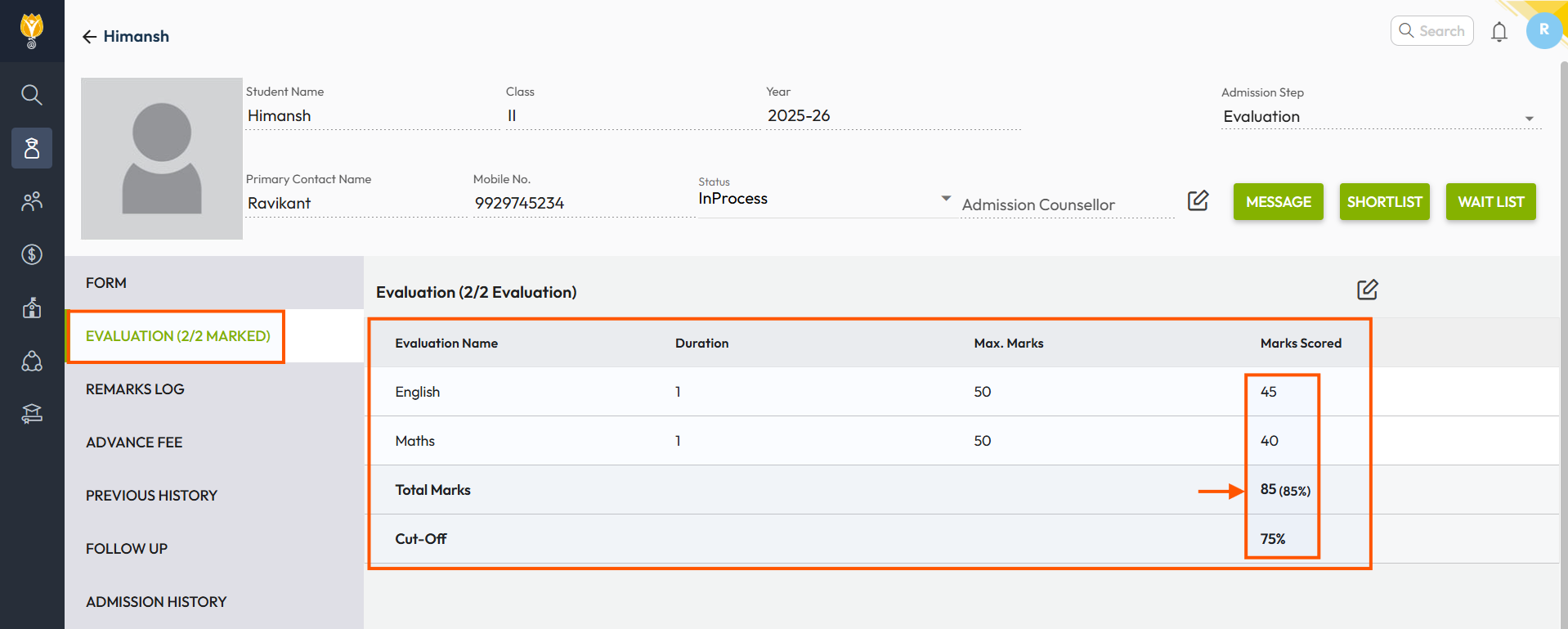 How can I enter admission evaluation marks for a student? – NextOS Help Center