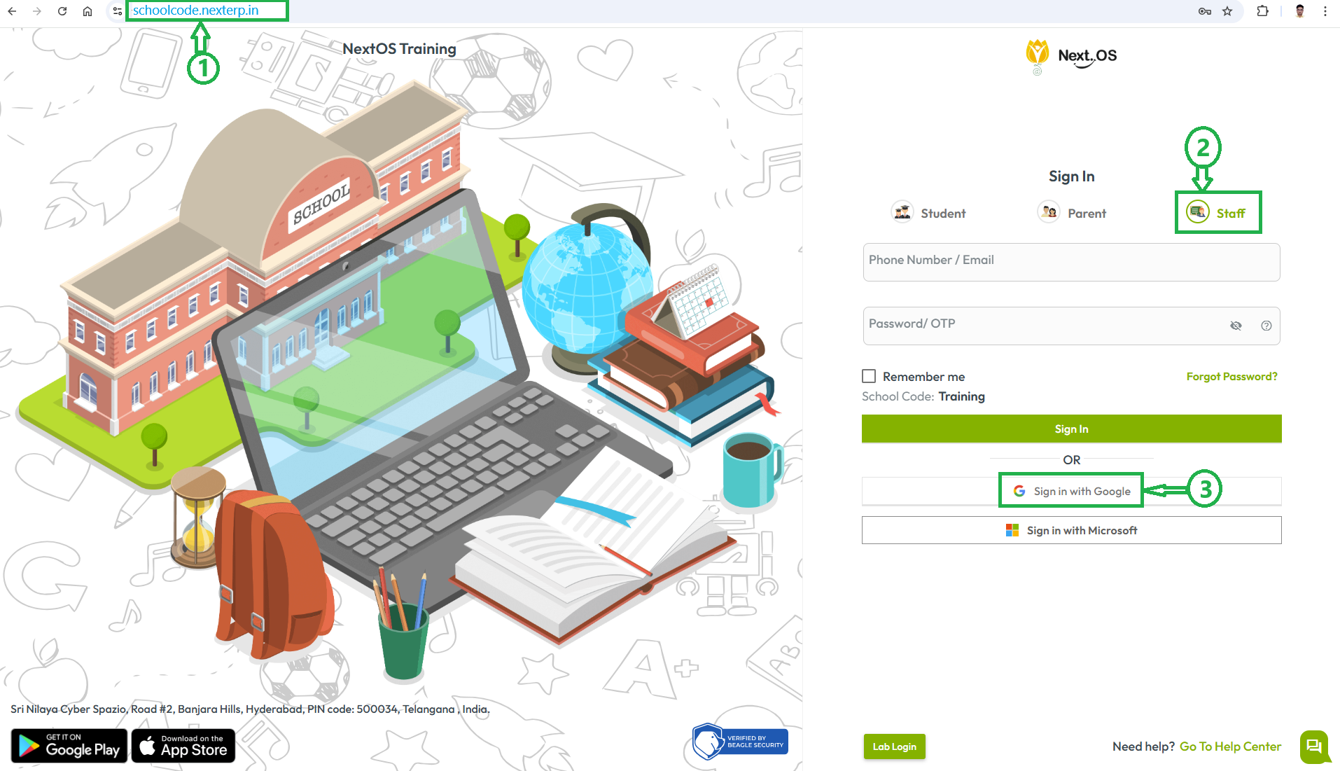 How can a staff member log in to their account using the “Sign in with ...