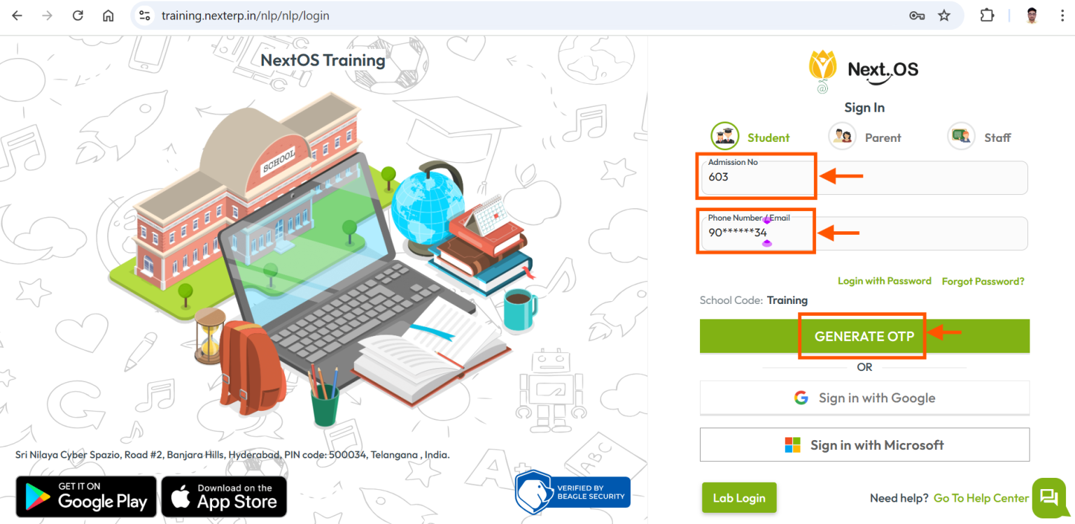 How can a student log in to their account using the “Login with OTP ...