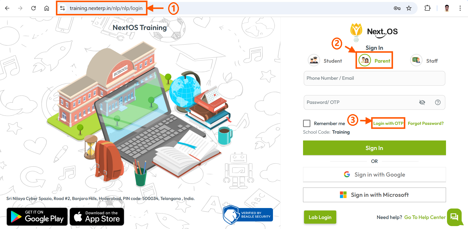 How can a parent log in to their account using the “Login with OTP” feature? – NextOS Help Center