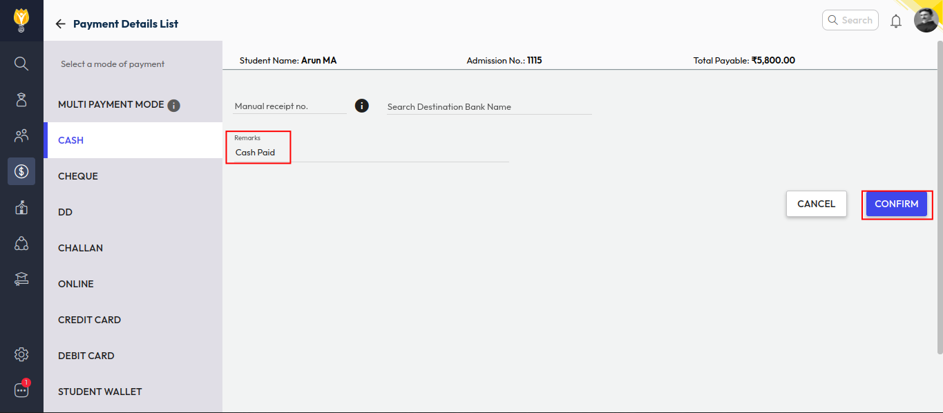 What is the purpose of the remark column in the fee receipt template, and how can I add a remark ...