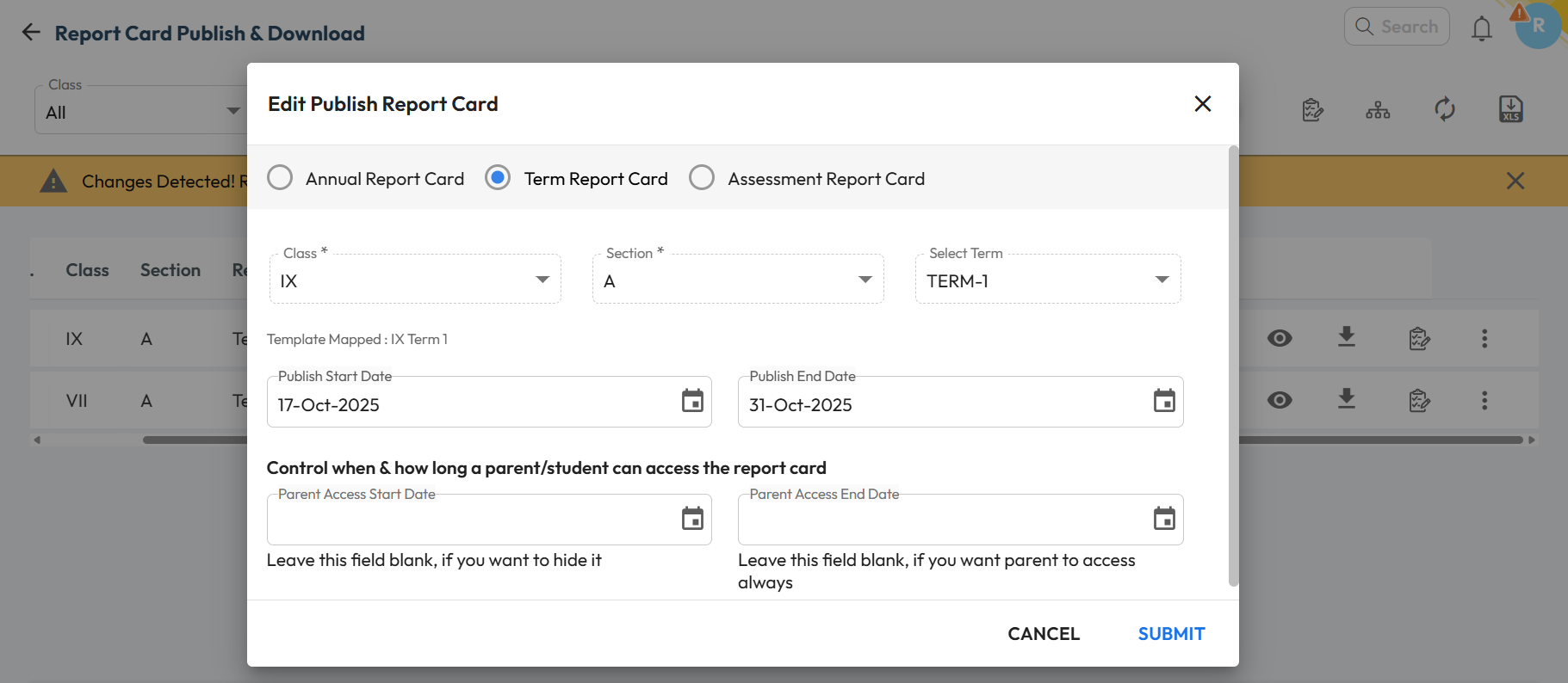 How can I modify the report card publishing date for a specific class ...